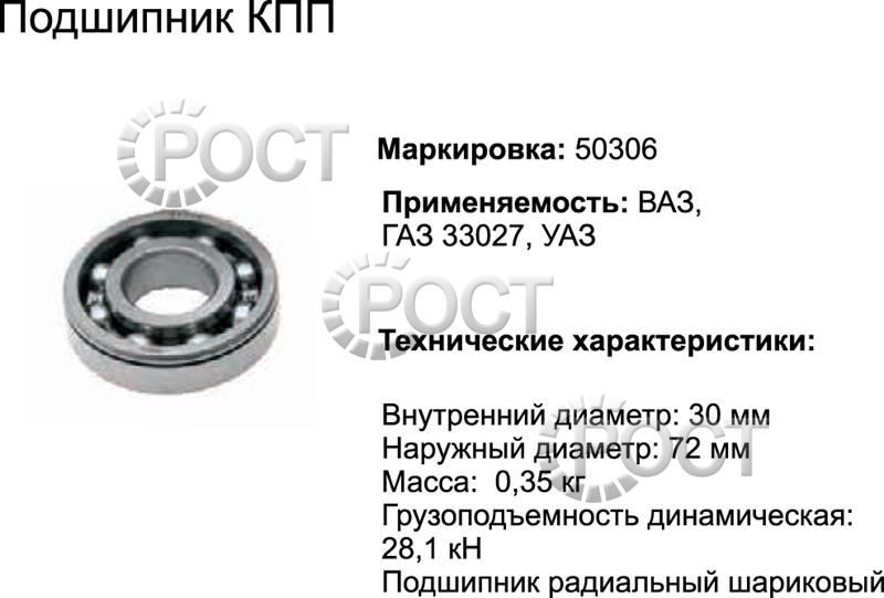 Купить Подшипник (50306) вала первичного КПП Г-2401, ВАЗ, РК Г-33027 ...